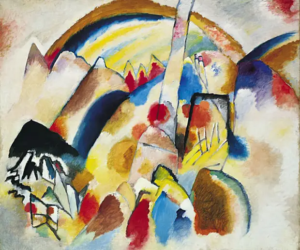 Ealaíontóir Wassily Kandinsky. Péinteáil. Tírdhreach le spotaí dearga. 1913 bliain