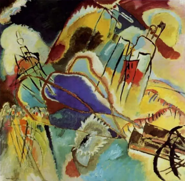 Ealaíontóir Wassily Kandinsky. Péinteáil. Tobchumadh 30 (gunnaí móra). 1913 bliain