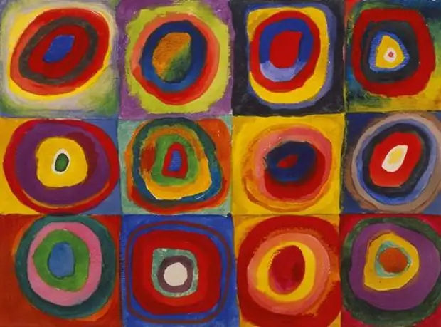 Mpanakanto Wassily Kandinsky. Hoso-doko. Sary miloko. Kianja misy faribolana concentric. 1913 taona