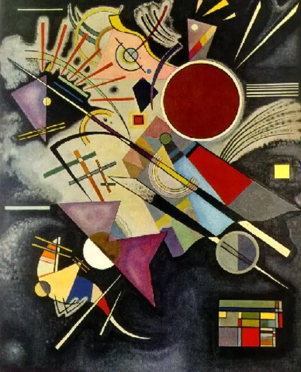 Ealaíontóir Wassily Kandinsky. Péinteáil. Tionlacan dubh. 1924 bliain