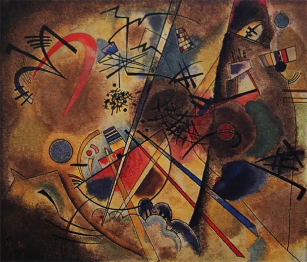 Ealaíontóir Wassily Kandinsky. Péinteáil. Brionglóid bheag i ndath dearg. 1925 bliain