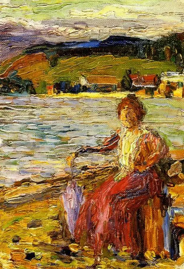 Artist Wassily Kandinsky. Pagpintal. Kochel - Lady sa baybayon sa lanaw. 1902 tuig