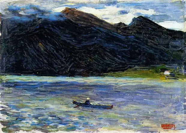 Artisto Vasilij Kandinskij. Pentrarto. Koĉel estas lago kun boato. 1902 jaro