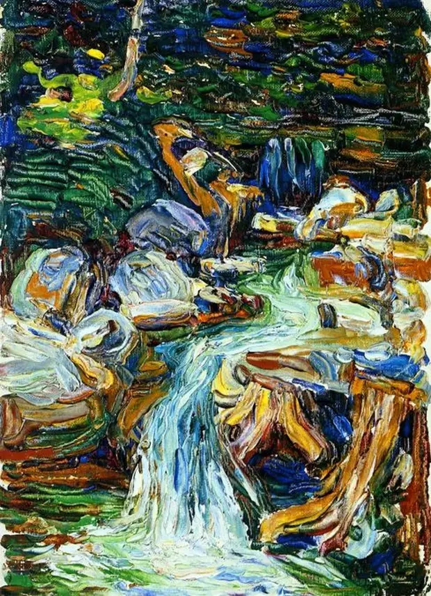 Konstnären Wassily Kandinsky. Målning. Kochel - Vattenfall II. 1902 år