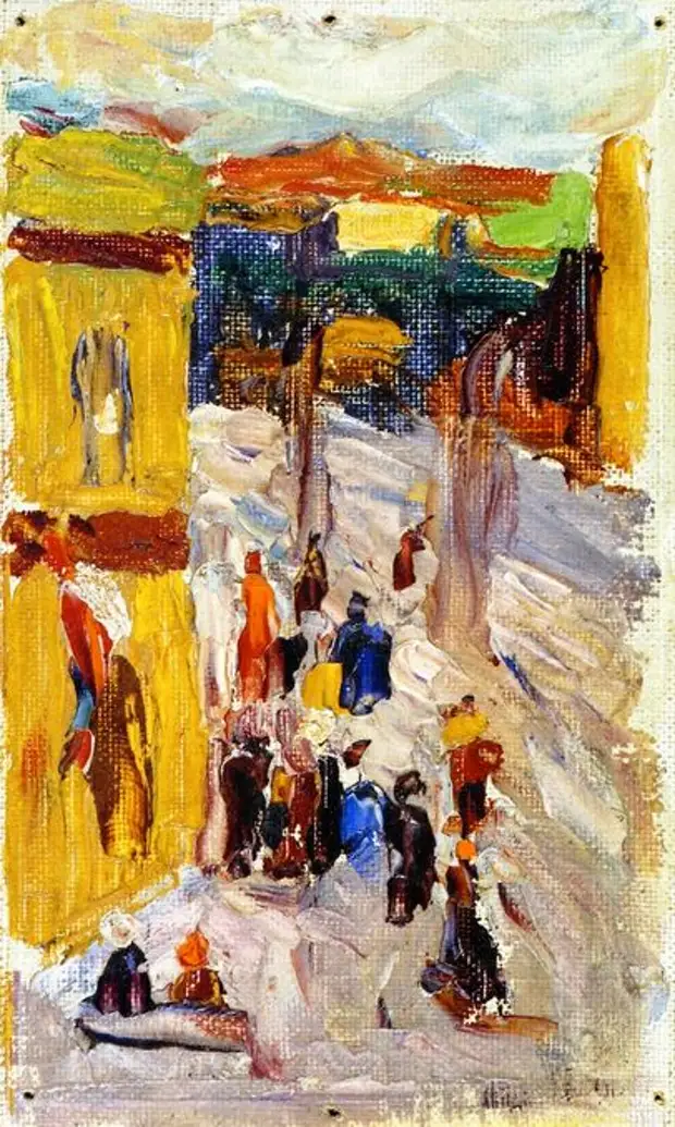 Artist Wassily Kandinsky. Pagpintal. Sa eskina sa dalan. 1903 tuig