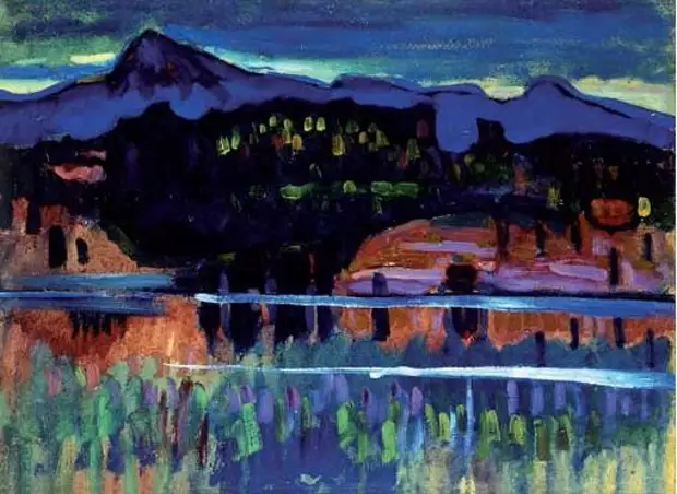 Ealaíontóir Wassily Kandinsky. Péinteáil. Murnau am Staffelsee. 1905 bliain