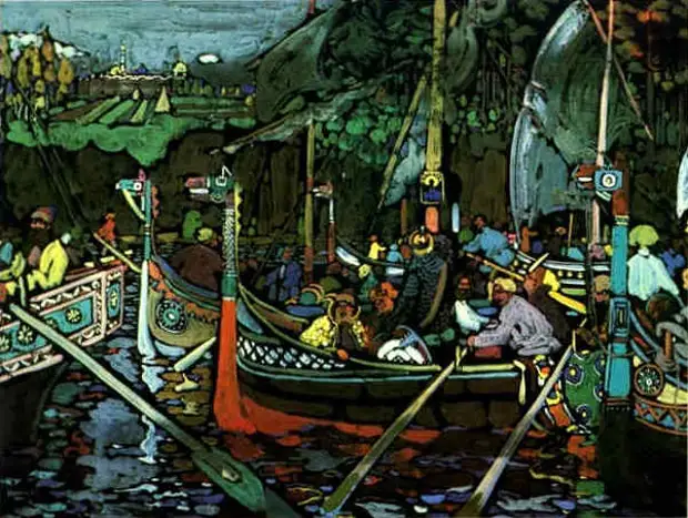 Ealaíontóir Wassily Kandinsky. Péinteáil. Amhrán an Volga. 1906 bliain