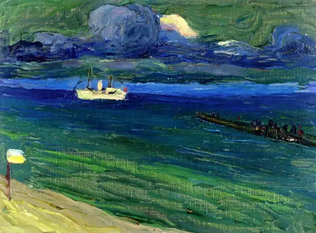 Konstnären Wassily Kandinsky. Målning. Seascape med en ångbåt. 1906 år