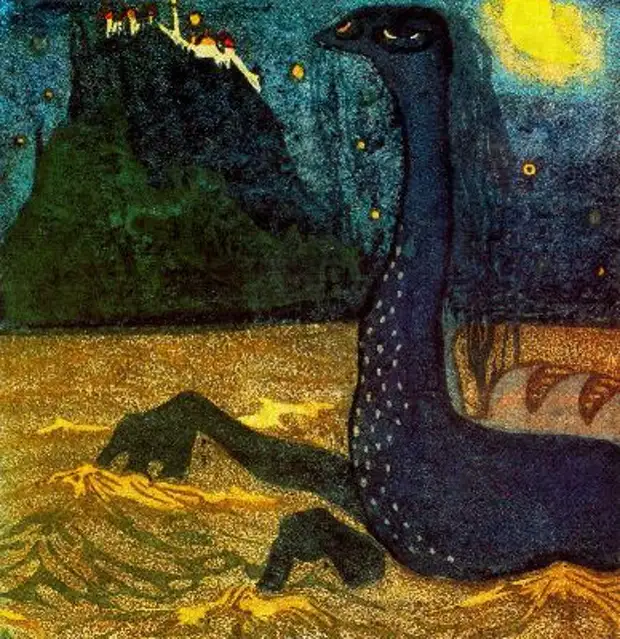 Wojambula Wassily Kandinsky. Kujambula. Usiku wowala mwezi. Chaka cha 1907