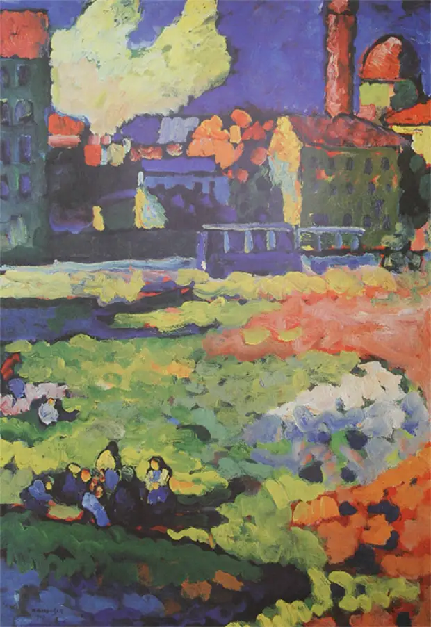 Ealaíontóir Wassily Kandinsky. Péinteáil. München-Schwabing le hEaglais Ursula. 1908 bliain