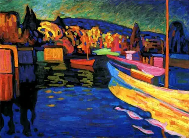 Ealaíontóir Wassily Kandinsky. Péinteáil. Tírdhreach an fhómhair le báid. 1908 bliain