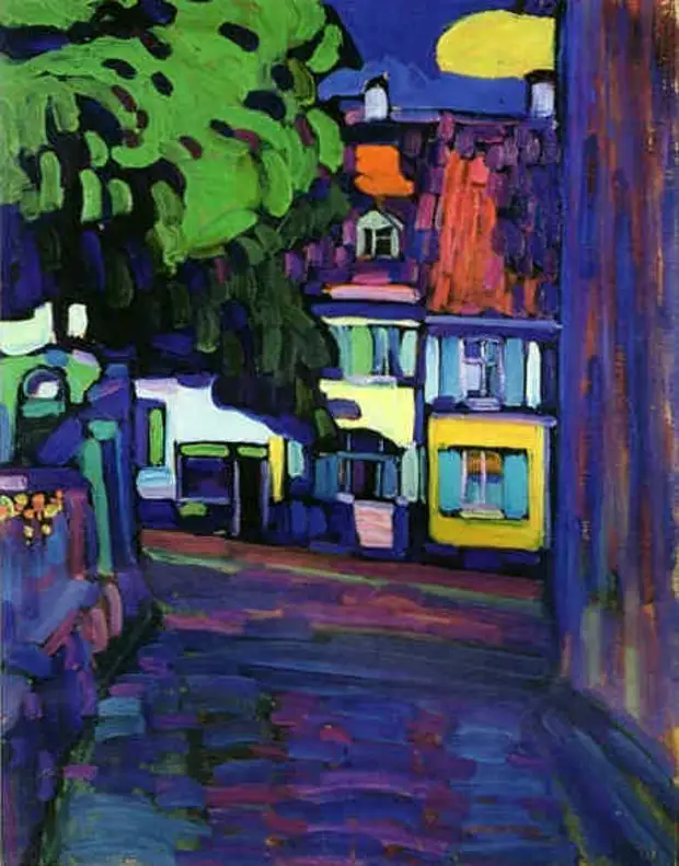 Artisto Vasilij Kandinskij. Pentrarto. Domoj en Murnau ĉe Obermarkt. 1908 jaro