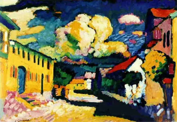 Ealaíontóir Wassily Kandinsky. Péinteáil. Murnau. Sráid an tsráidbhaile. 1908 bliain