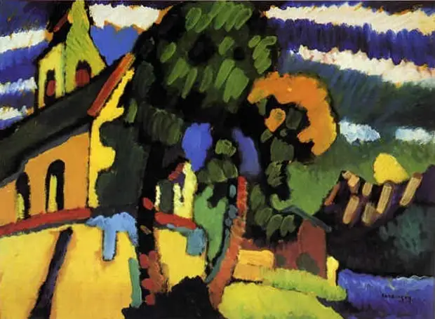 Künstler Wassily Kandinsky. Gemälde. Rigsee. Dorfkirche. 1908 Jahr