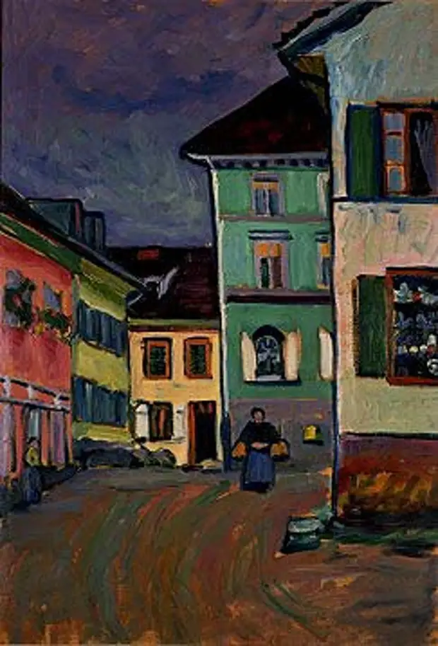 Konstnären Wassily Kandinsky. Målning. Murnau: Början av Johannistrasse. 1908 år