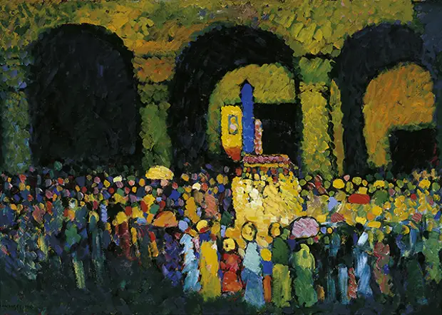 Ealaíontóir Wassily Kandinsky. Péinteáil. Ludwigskirche i München. 1908 bliain