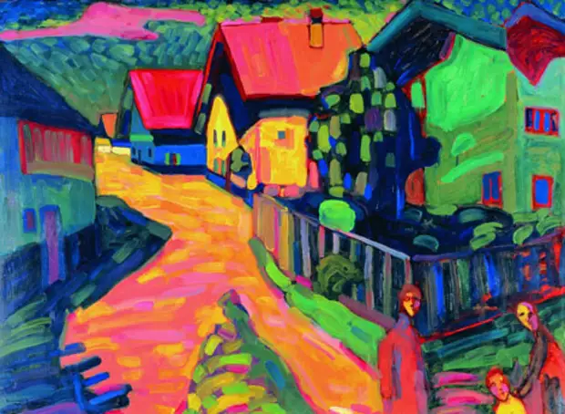 Ealaíontóir Wassily Kandinsky. Péinteáil. Sráid i Murnau le mná. 1908 bliain