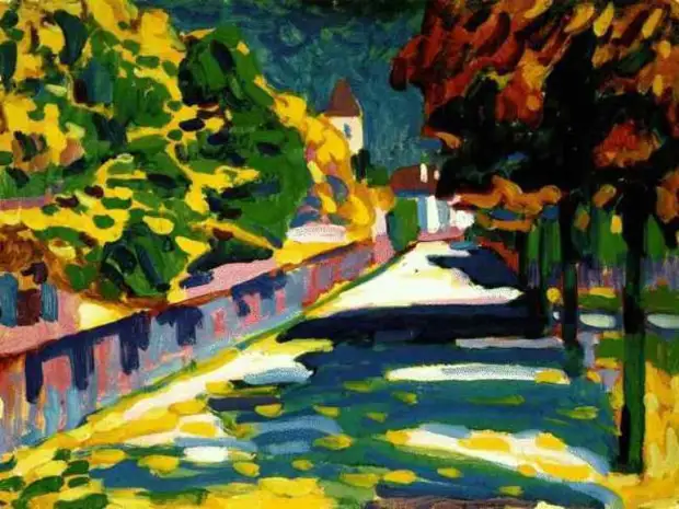 Konstnären Wassily Kandinsky. Målning. Hösten i Bayern. 1908 år