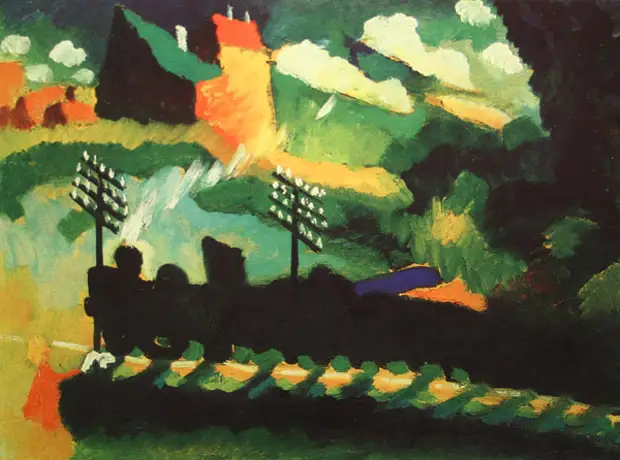 Artist Wassily Kandinsky. Pagpintal. Pagtan-aw sa Murnau nga adunay riles ug kastilyo. 1909 tuig