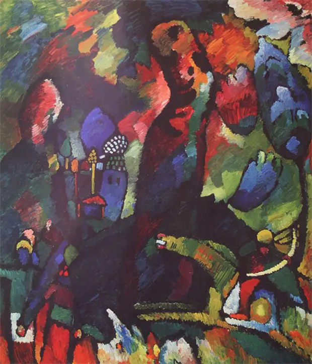 Ealaíontóir Wassily Kandinsky. Péinteáil. Péinteáil le saighdeoir. 1909 bliain