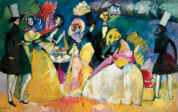 Artist Wassily Kandinsky. Pagpintal. Usa ka grupo sa crinolines. 1909 tuig