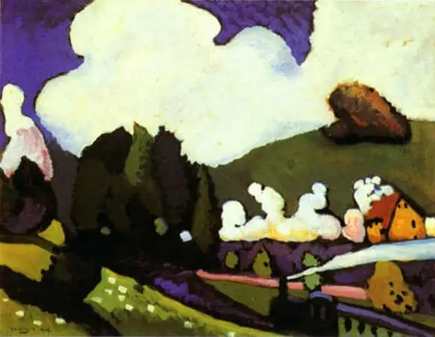 Ealaíontóir Wassily Kandinsky. Péinteáil. Tírdhreach le locomotive gaile. 1909 bliain