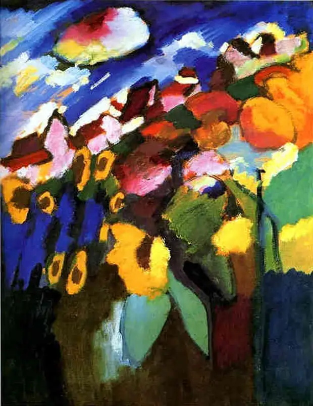 Konstnären Wassily Kandinsky. Målning. Murnau. Trädgård. 1909 år