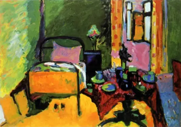 Künstler Wassily Kandinsky. Gemälde. Schlafzimmer in der Einmillerstraße. 1909 Jahr