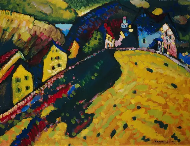 Konstnären Wassily Kandinsky. Målning. Hus i Murnau. 1909 år