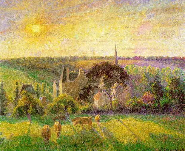 Paysage. Eglise et Ferme à Eragny. 1895. Pissarro, Camille