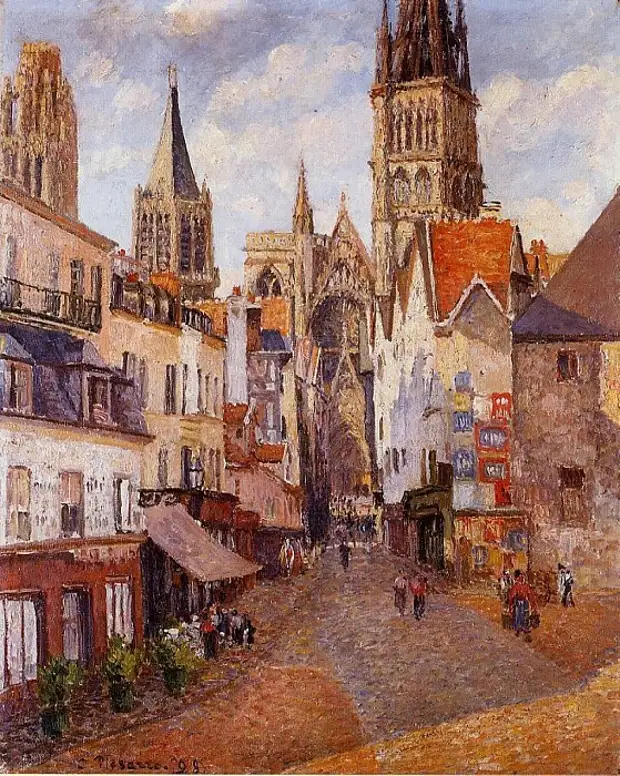 Cahaya panonpoe, Soré, La Rue de lEpicerie, Rouen. (1898). Pissarro, Camille