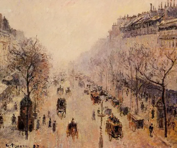 Boulevard Montmartre - Morgon, solsken och dimma. (1897). Pissarro, Camille