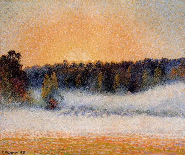 Solnedgång och dimma, Eragny. (1891). Pissarro, Camille