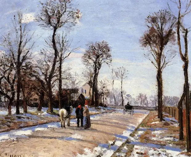 Ulica - Zimska sunčeva svjetlost i snijeg. (1872). Pissarro, Camille