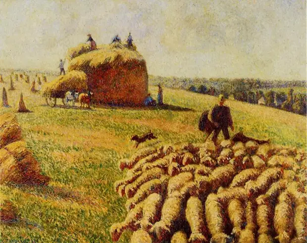 Kudde schapen in een veld na de oogst. (1889). Pissarro, Camille