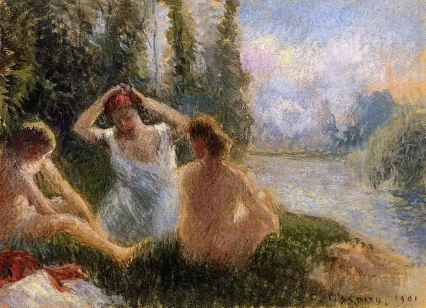 Baigneurs assis sur les rives d'une rivière. (1901). Pissarro, Camille