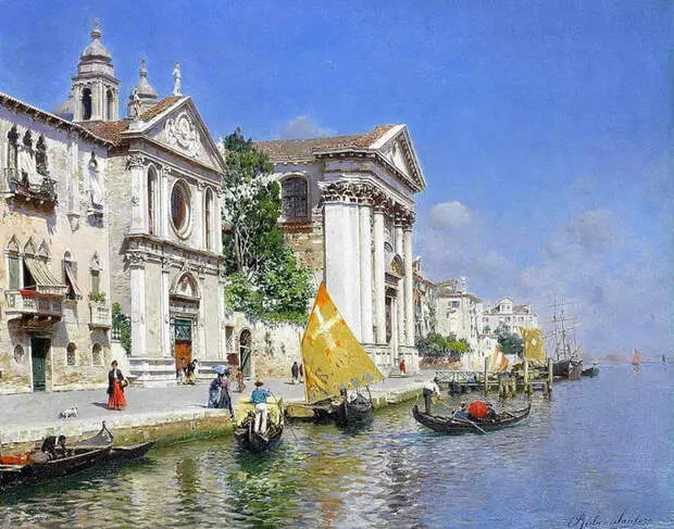 "Artist Rubens Santoro (1859 - 1941). Ọwa mmiri na okporo ụzọ Venice ".