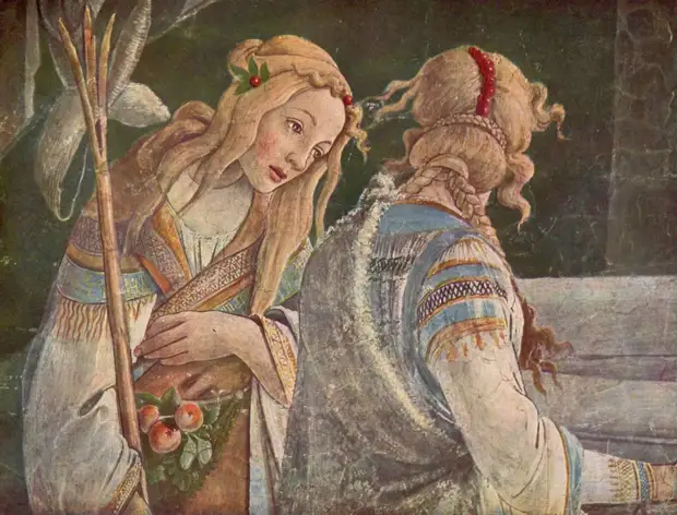 Sandro Botticelli - Freskoj de la Sikstina Kapelo en Romo: La Juneco de Moseo, detalo