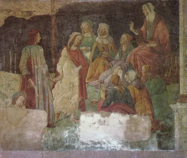 Sandro Botticelli - Frescoes Villa Lemmy berhampiran Florence, Lorenzo Tornabuoni di hadapan tokoh-tokoh kiasan dari Seven Liberal Arts, terperinci