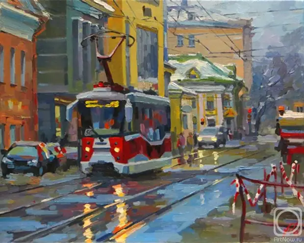 Peinture à l'huile sur toile. Chizhova Victoria. Tramway rouge sur la rue Baumanskaya