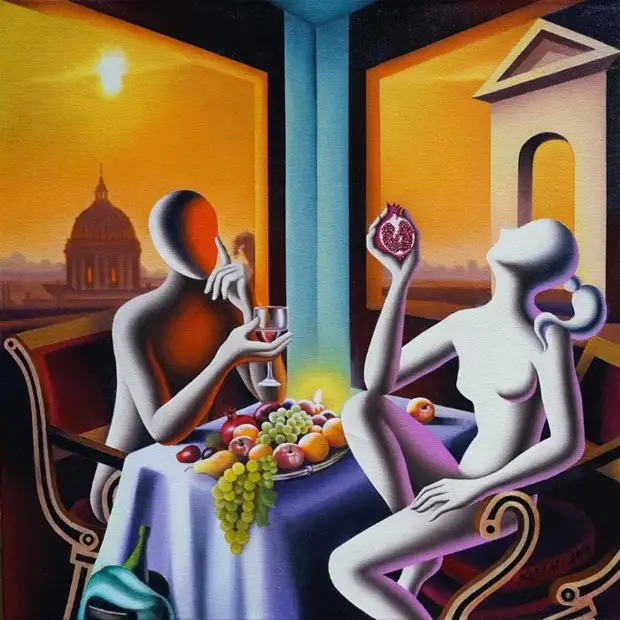 Pentraĵoj de senvizaĝaj figuroj. Mark Kostabi