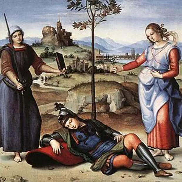 Der Rittertraum ist eines der frühesten Gemälde von Raphael, einem italienischen Renaissance-Maler