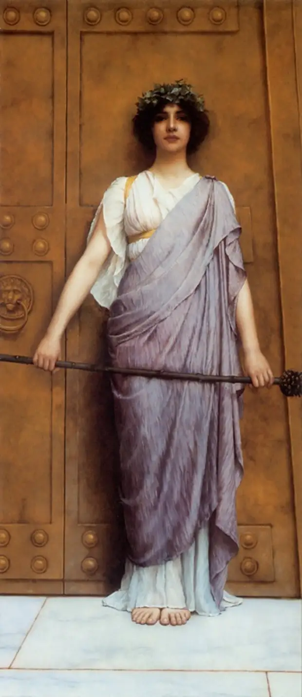 John William Godward. Ọnụ Ụzọ Ụlọ Nsọ (Ụkọchukwu nke Bacchus) / John William Godward. N'Ọnụ Ụzọ nke Ụlọ Nsọ (Onye ụkọchukwu Bacchus)