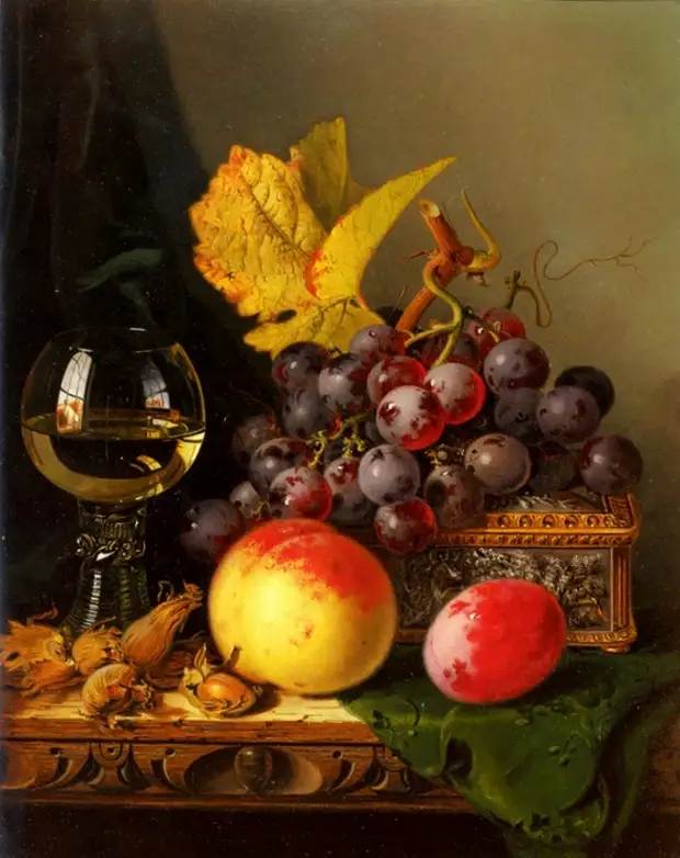 a_still_life_of_black_grapes, _a_peach, _a_plum, _hazelnuts, _a_metal_casket_and_a_wine_glass_on_a_carved_wooden_ledge-large (554x700, 305Kb)