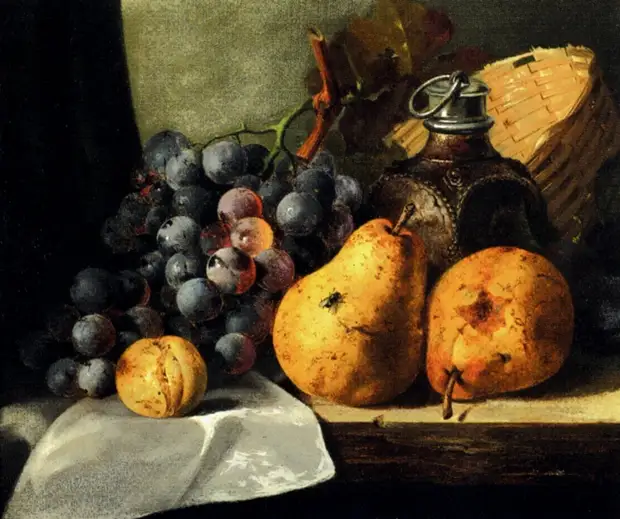 peras, _grapes, _a_greengage, _plums_a_stoneware_flask_and_a_wicker_basket_on_a_wooden_ kaalaman-large (700x586, 342Kb)