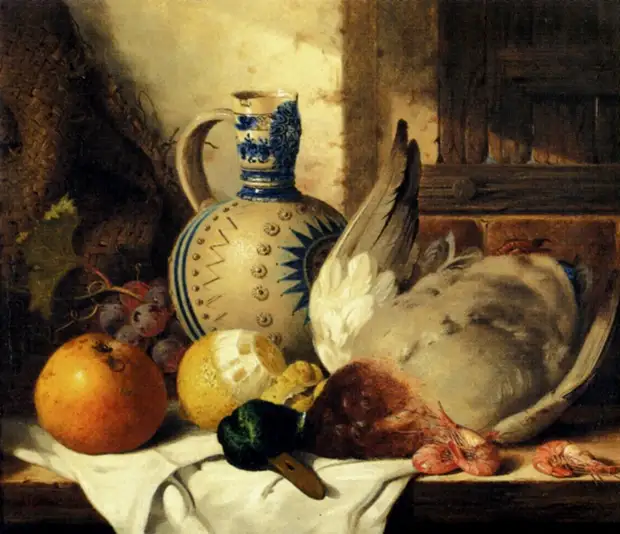 udang, _a_mallard, _a_lemon, _an_apple, _grapes_and_a_stoneware_jug_on_a_draped_wooden_ledge-large (700x604, 342Kb)