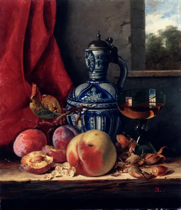 still_life_with_ peaches, _whitecurrants, _hazelnuts, _a_glass_and_a_stoneware_jug_on_a_wooden_ledge_with_a_landscape_ngaphaya kwenkulu (604x700, 308Kb)