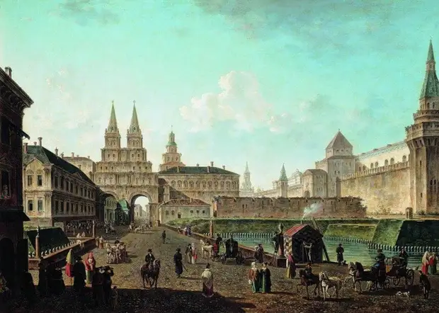 Uitzicht op de opstanding en de Nikolsky-poort en de Neglinny-brug vanaf de Tverskaya-straat in Moskou. 1811