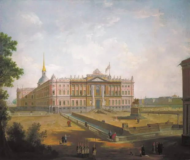 Vue op de Mikhailovsky Schlass an d'Connetable Square zu St. Ongeféier 1800