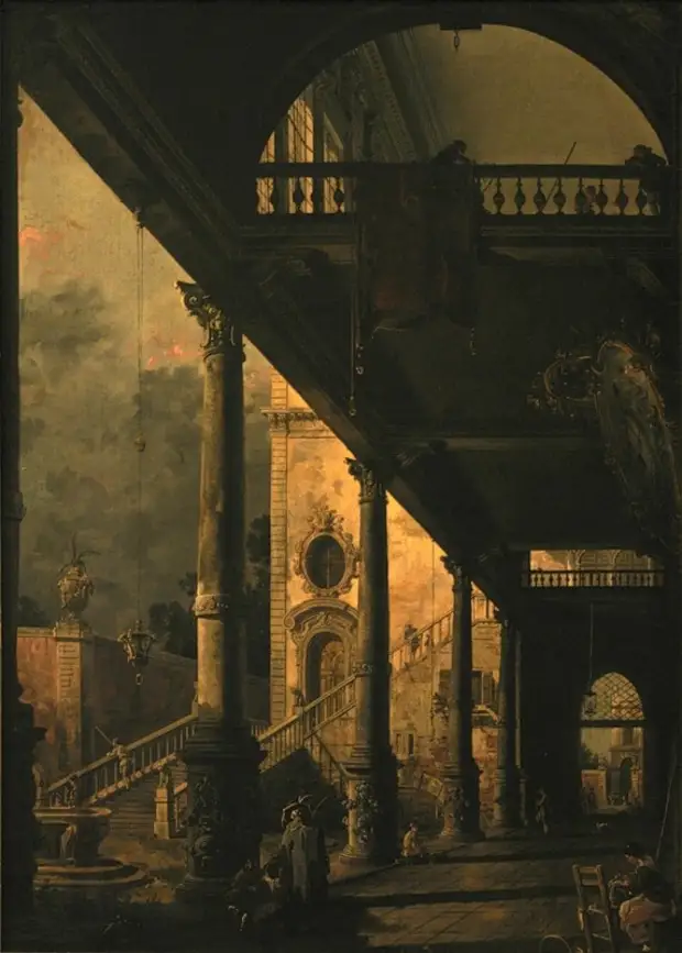 Binnenaanzicht van de binnenplaats met een tuin. Loggia in Venetië; kopie van het schilderij (Russisch Museum)